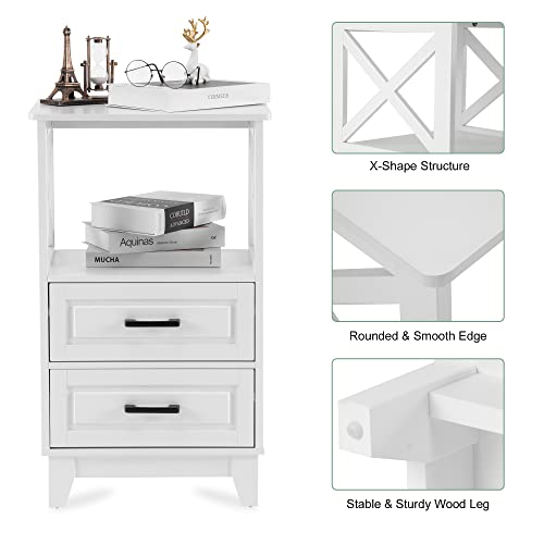 Nightstand with 2 Storage Drawers, Tall End Table with Wooden X-Design for Bedroom,Living Room White