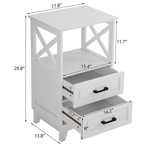 Nightstand with 2 Storage Drawers, Tall End Table with Wooden X-Design for Bedroom,Living Room White