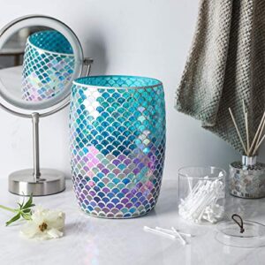 WHOLE HOUSEWARES Bathroom Wastebasket - Glass Mosaic Decorative Trash Can Dia 7.5" H 10" (Fan Shape) and Mosaic Glass Tissue Holder Decorative Tissue Cover Square Box (Fan Shape)