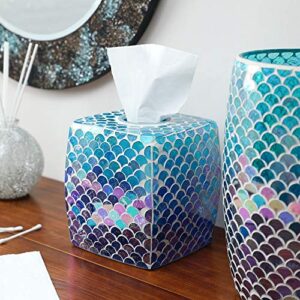 WHOLE HOUSEWARES Bathroom Wastebasket - Glass Mosaic Decorative Trash Can Dia 7.5" H 10" (Fan Shape) and Mosaic Glass Tissue Holder Decorative Tissue Cover Square Box (Fan Shape)