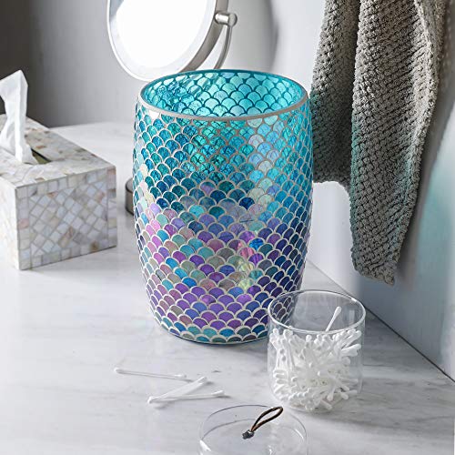 WHOLE HOUSEWARES Bathroom Wastebasket - Glass Mosaic Decorative Trash Can Dia 7.5" H 10" (Fan Shape) and Mosaic Glass Tissue Holder Decorative Tissue Cover Square Box (Fan Shape)