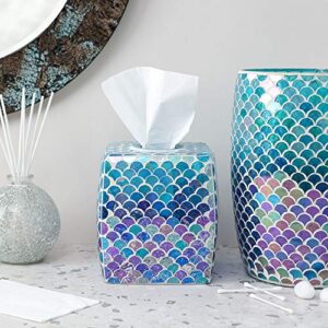 WHOLE HOUSEWARES Bathroom Wastebasket - Glass Mosaic Decorative Trash Can Dia 7.5" H 10" (Fan Shape) and Mosaic Glass Tissue Holder Decorative Tissue Cover Square Box (Fan Shape)