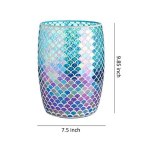 WHOLE HOUSEWARES Bathroom Wastebasket - Glass Mosaic Decorative Trash Can Dia 7.5" H 10" (Fan Shape) and Mosaic Glass Tissue Holder Decorative Tissue Cover Square Box (Fan Shape)