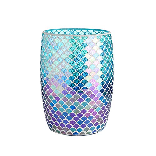 WHOLE HOUSEWARES Bathroom Wastebasket - Glass Mosaic Decorative Trash Can Dia 7.5" H 10" (Fan Shape) and Mosaic Glass Tissue Holder Decorative Tissue Cover Square Box (Fan Shape)