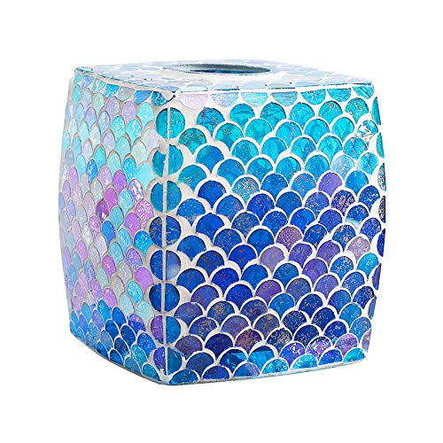 WHOLE HOUSEWARES Bathroom Wastebasket - Glass Mosaic Decorative Trash Can Dia 7.5" H 10" (Fan Shape) and Mosaic Glass Tissue Holder Decorative Tissue Cover Square Box (Fan Shape)