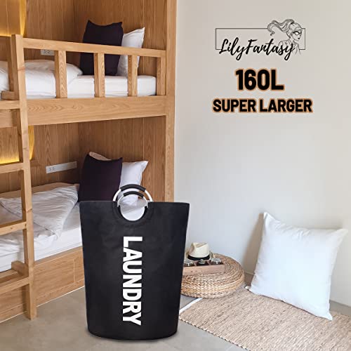 Lilyfantasy 160L XXX-Super Large Laundry Baskets, Laundry Hamper with Padded Handles, Tall Laundry Basket Stand Up Well, Foldable Round Laundry Bag for Easy Storage（Black）