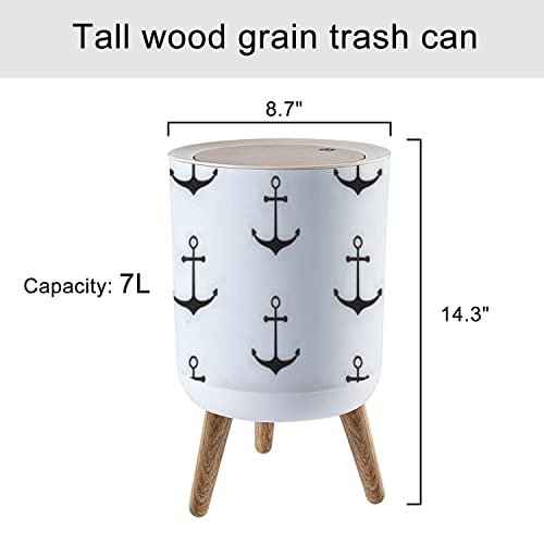 Small Trash Can with Lid Nautical Minimalistic Seamless with Anchors Round Recycle Bin Press Top Dog Proof Wastebasket for Kitchen Bathroom Bedroom Office 7L/1.8 Gallon