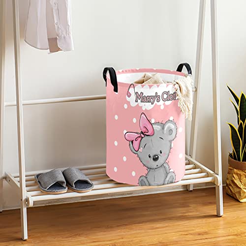 Grandkli Koala Dots Girl Pink Personalized Freestanding Laundry Hamper, Custom Waterproof Collapsible Drawstring Basket Storage Bins with Handle for Clothes, Toy, 50cm x 36cm