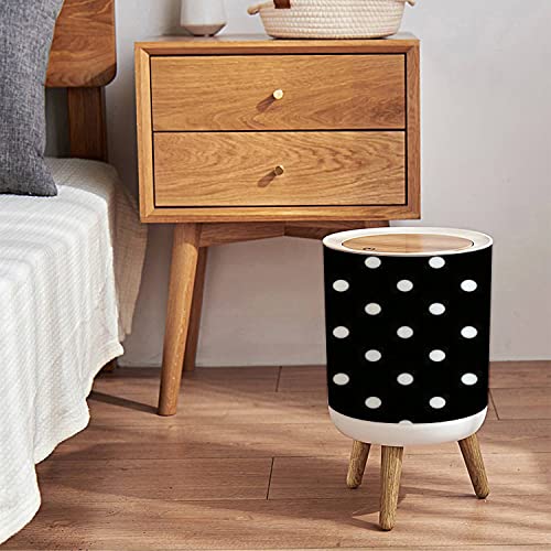 Small Trash Can with Lid with Tile White Polka dots on a Black Round Recycle Bin Press Top Dog Proof Wastebasket for Kitchen Bathroom Bedroom Office 7L/1.8 Gallon