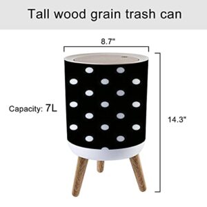 Small Trash Can with Lid with Tile White Polka dots on a Black Round Recycle Bin Press Top Dog Proof Wastebasket for Kitchen Bathroom Bedroom Office 7L/1.8 Gallon