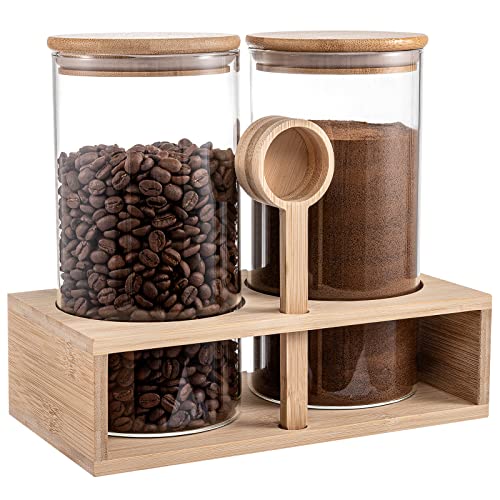 ANPHSIN Glass Coffee Containers with Shelf, 2Pcs 49oz Large Capacity BPA Free Coffee Storage Jars with Airtight Sealed Bamboo Lids Spoon for Kitchen Food, Coffee Beans, Coffee Powder, Sugar, Tea