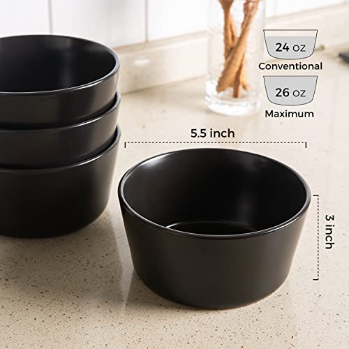 AmorArc Stoneware Cereal Bowls for Kitchen, 26 ounce Ceramic Soup Bowls Set of 6 for Oatmeal Snacks Soup Cereal, Chip-Resistant Kitchen Bowls, Matte Black