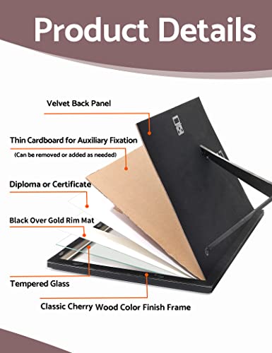 Annecy 11x14 Picture Frame Black, Diploma Frame for Wall or Desktop Decoration, 11x14 frame with mat for 8.5x11 Certificate, College Degree Frame with Tempered Glass and Velvet Back Panel（1 Pack）