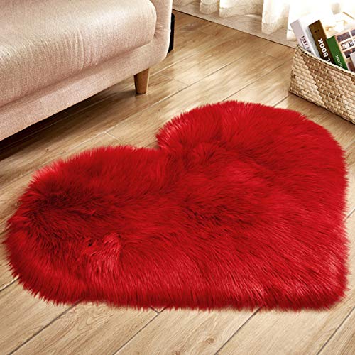 Firlar Imitation Wool Rugs Shaggy Carpet Mat, Faux Plush Floor Mattress Blanket Cushion Pad, Fluffy Sheepskin Area Rug Super Soft Heart Shaped Rugs, Non Slip Bedroom for Home Living Room Decor, Red