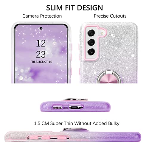 GUAGUA Compatible with Samsung Galaxy S21 FE 5G Case 6.4 Inch Glitter Sparkle Bling Cover for Girls Women with Ring Holder Kickstand Shockproof Protective Case for Galaxy S21 FE, Gradient Purple