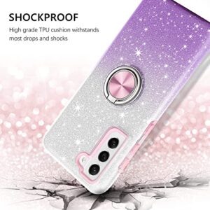 GUAGUA Compatible with Samsung Galaxy S21 FE 5G Case 6.4 Inch Glitter Sparkle Bling Cover for Girls Women with Ring Holder Kickstand Shockproof Protective Case for Galaxy S21 FE, Gradient Purple