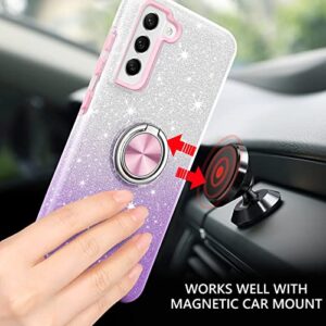 GUAGUA Compatible with Samsung Galaxy S21 FE 5G Case 6.4 Inch Glitter Sparkle Bling Cover for Girls Women with Ring Holder Kickstand Shockproof Protective Case for Galaxy S21 FE, Gradient Purple