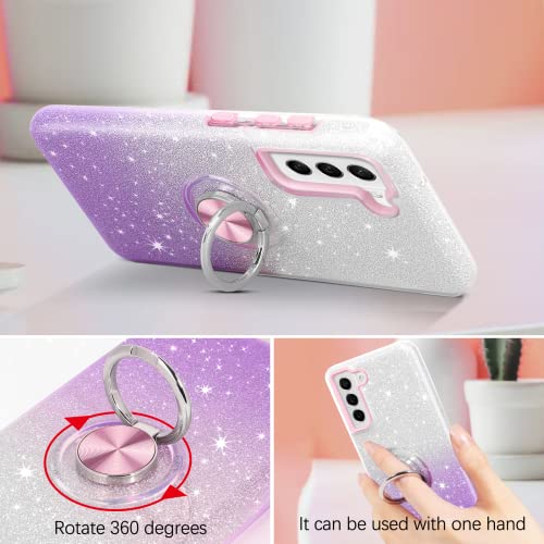 GUAGUA Compatible with Samsung Galaxy S21 FE 5G Case 6.4 Inch Glitter Sparkle Bling Cover for Girls Women with Ring Holder Kickstand Shockproof Protective Case for Galaxy S21 FE, Gradient Purple