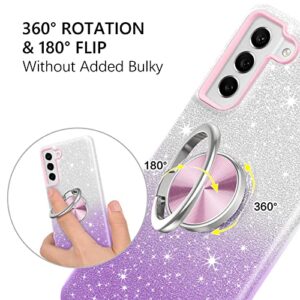 GUAGUA Compatible with Samsung Galaxy S21 FE 5G Case 6.4 Inch Glitter Sparkle Bling Cover for Girls Women with Ring Holder Kickstand Shockproof Protective Case for Galaxy S21 FE, Gradient Purple