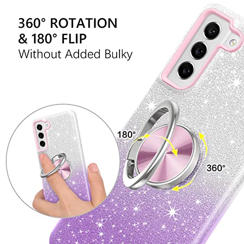 GUAGUA Compatible with Samsung Galaxy S21 FE 5G Case 6.4 Inch Glitter Sparkle Bling Cover for Girls Women with Ring Holder Kickstand Shockproof Protective Case for Galaxy S21 FE, Gradient Purple