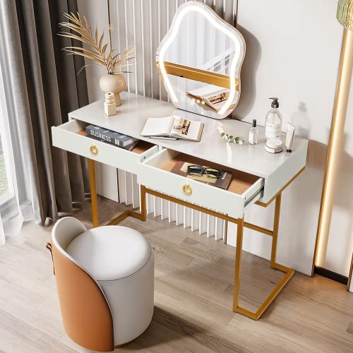 EROMMY Modern Makeup Vanity Dressing Table with Wood Top and Metal Frame, Vanity Desk with Drawers for Home Office, Bedroom, Gold-White