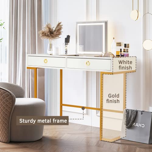 EROMMY Modern Makeup Vanity Dressing Table with Wood Top and Metal Frame, Vanity Desk with Drawers for Home Office, Bedroom, Gold-White