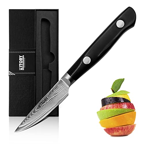 Kitory Damascus Paring Knife-3 inch Fruit Knife-Forged Fruit Knife with VG10 Damascus 67 Layers Super Steel- Black G10 Handle-Gift Box for Home and Kitchen Warrior Series