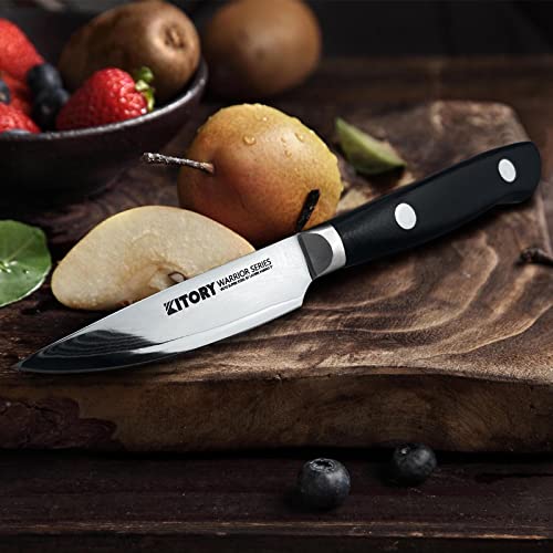 Kitory Damascus Paring Knife-3 inch Fruit Knife-Forged Fruit Knife with VG10 Damascus 67 Layers Super Steel- Black G10 Handle-Gift Box for Home and Kitchen Warrior Series