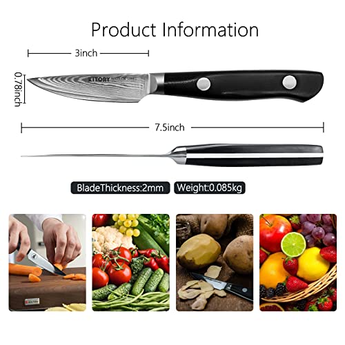 Kitory Damascus Paring Knife-3 inch Fruit Knife-Forged Fruit Knife with VG10 Damascus 67 Layers Super Steel- Black G10 Handle-Gift Box for Home and Kitchen Warrior Series