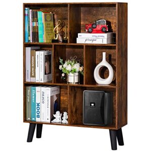 lelelinky mid century 7 cube bookshelf,3 tier modern bookcase with legs,rustic brown bookshelves storage organizer shelf,wood short book shelves,free standing display bookcases for bedroom,living room