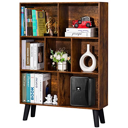 LELELINKY Mid Century 7 Cube Bookshelf,3 Tier Modern Bookcase with Legs,Rustic Brown Bookshelves Storage Organizer Shelf,Wood Short Book Shelves,Free Standing Display Bookcases for Bedroom,Living Room