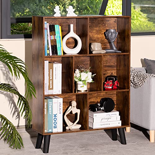 LELELINKY Mid Century 7 Cube Bookshelf,3 Tier Modern Bookcase with Legs,Rustic Brown Bookshelves Storage Organizer Shelf,Wood Short Book Shelves,Free Standing Display Bookcases for Bedroom,Living Room