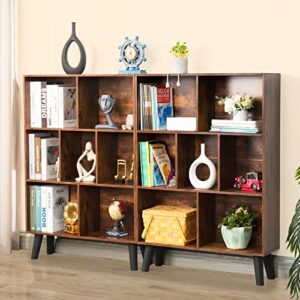 LELELINKY Mid Century 7 Cube Bookshelf,3 Tier Modern Bookcase with Legs,Rustic Brown Bookshelves Storage Organizer Shelf,Wood Short Book Shelves,Free Standing Display Bookcases for Bedroom,Living Room