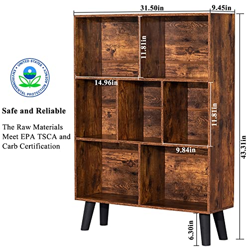 LELELINKY Mid Century 7 Cube Bookshelf,3 Tier Modern Bookcase with Legs,Rustic Brown Bookshelves Storage Organizer Shelf,Wood Short Book Shelves,Free Standing Display Bookcases for Bedroom,Living Room