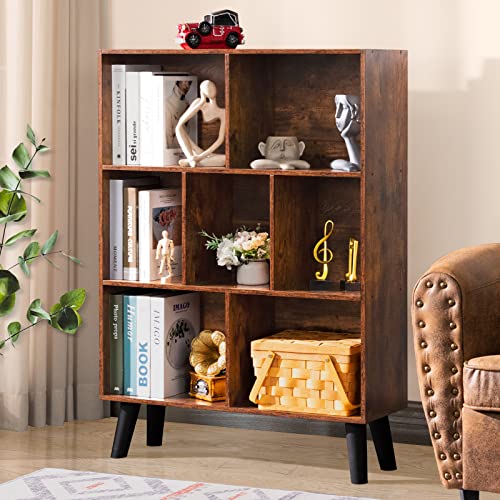 LELELINKY Mid Century 7 Cube Bookshelf,3 Tier Modern Bookcase with Legs,Rustic Brown Bookshelves Storage Organizer Shelf,Wood Short Book Shelves,Free Standing Display Bookcases for Bedroom,Living Room