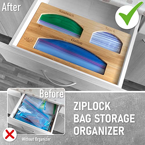 KitchenKit Bamboo Ziplock Bag Storage Organizer and Dispenser for Narrow Kitchen Drawer Suitable Gallon, Sandwich Snack Sizes, Plastic Baggies 3 Compartments Wooden Holder