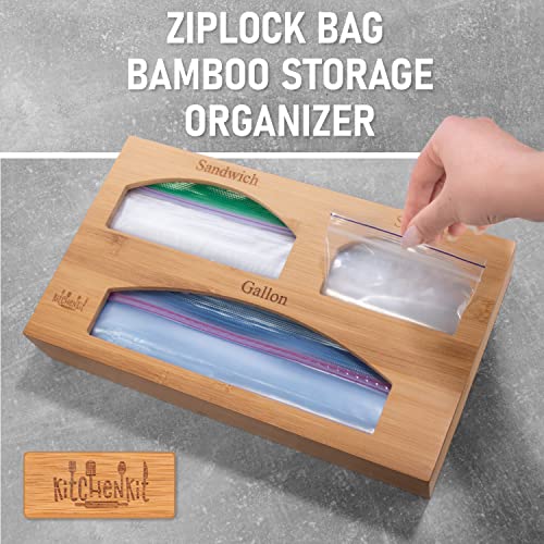 KitchenKit Bamboo Ziplock Bag Storage Organizer and Dispenser for Narrow Kitchen Drawer Suitable Gallon, Sandwich Snack Sizes, Plastic Baggies 3 Compartments Wooden Holder