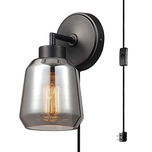 Globe Electric 65549 1-Light Plug-in or Hardwire Wall Sconce, Matte Black, Plated Smoked Mirror Glass Shade, Black Fabric Cord, in-Line On/Off Switch, Wall Lights for Bedroom, Bulb Not Included