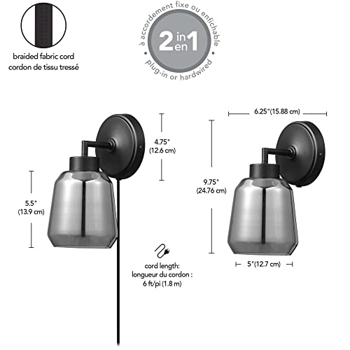 Globe Electric 65549 1-Light Plug-in or Hardwire Wall Sconce, Matte Black, Plated Smoked Mirror Glass Shade, Black Fabric Cord, in-Line On/Off Switch, Wall Lights for Bedroom, Bulb Not Included