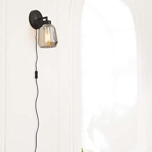 Globe Electric 65549 1-Light Plug-in or Hardwire Wall Sconce, Matte Black, Plated Smoked Mirror Glass Shade, Black Fabric Cord, in-Line On/Off Switch, Wall Lights for Bedroom, Bulb Not Included