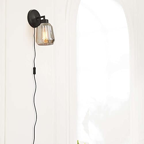 Globe Electric 65549 1-Light Plug-in or Hardwire Wall Sconce, Matte Black, Plated Smoked Mirror Glass Shade, Black Fabric Cord, in-Line On/Off Switch, Wall Lights for Bedroom, Bulb Not Included