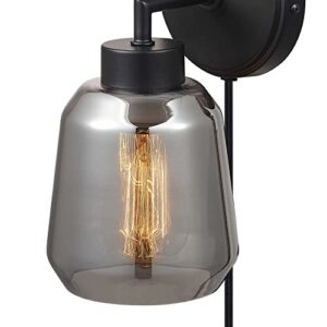 Globe Electric 65549 1-Light Plug-in or Hardwire Wall Sconce, Matte Black, Plated Smoked Mirror Glass Shade, Black Fabric Cord, in-Line On/Off Switch, Wall Lights for Bedroom, Bulb Not Included