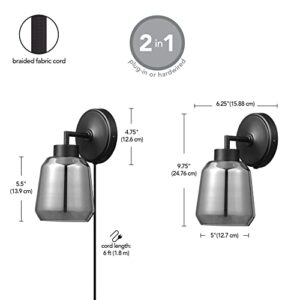 Globe Electric 65549 1-Light Plug-in or Hardwire Wall Sconce, Matte Black, Plated Smoked Mirror Glass Shade, Black Fabric Cord, in-Line On/Off Switch, Wall Lights for Bedroom, Bulb Not Included