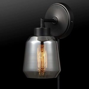 Globe Electric 65549 1-Light Plug-in or Hardwire Wall Sconce, Matte Black, Plated Smoked Mirror Glass Shade, Black Fabric Cord, in-Line On/Off Switch, Wall Lights for Bedroom, Bulb Not Included