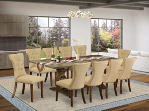 east west furniture laga11-78-03 11 piece dining table set includes a rectangle dining room table with butterfly leaf and 10 brown linen fabric upholstered chairs, 42x92 inch, jacobean