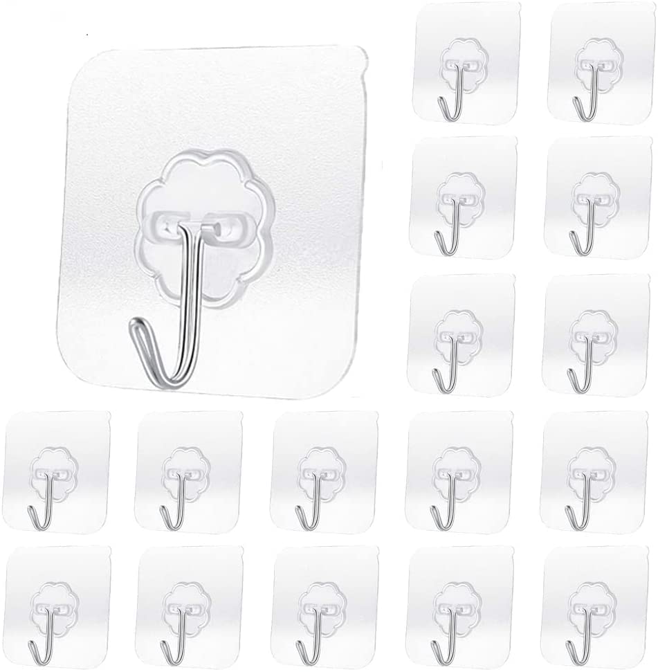 SZYIKUER 20 Pack Transparent Adhesive Hooks 33 lb(Max) 15KG Waterproof and Oilproof Reusable Seamless Hooks Heavy Duty Wall Hook for Kitchen Bathroom Office