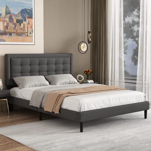 Lijimei Queen Size Bed Frame with Button Headboard, Platform Upholstered in Linen Fabric,Mattress Foundation with Wooden Slats Support, Easy Assembly, No Box Spring Needed, Dark Gray