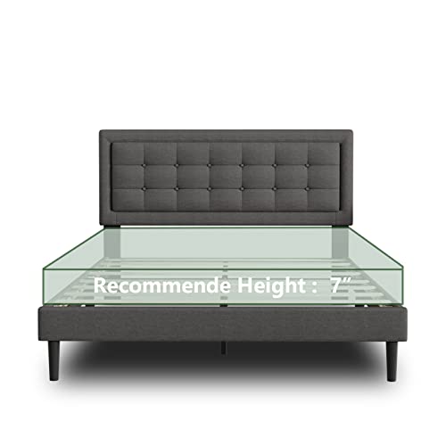 Lijimei Queen Size Bed Frame with Button Headboard, Platform Upholstered in Linen Fabric,Mattress Foundation with Wooden Slats Support, Easy Assembly, No Box Spring Needed, Dark Gray