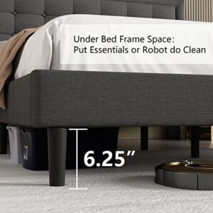 Lijimei Queen Size Bed Frame with Button Headboard, Platform Upholstered in Linen Fabric,Mattress Foundation with Wooden Slats Support, Easy Assembly, No Box Spring Needed, Dark Gray