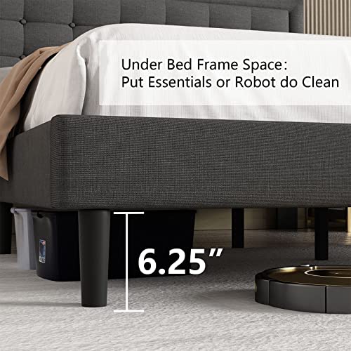 Lijimei Queen Size Bed Frame with Button Headboard, Platform Upholstered in Linen Fabric,Mattress Foundation with Wooden Slats Support, Easy Assembly, No Box Spring Needed, Dark Gray